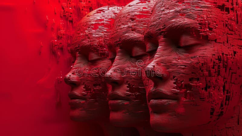 Abstract 3D Render of Fragmented Human Faces in Red Stock Illustration ...