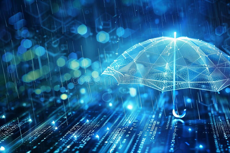 Abstract Glowing Umbrella Representing Digital Safety Net on Blue ...