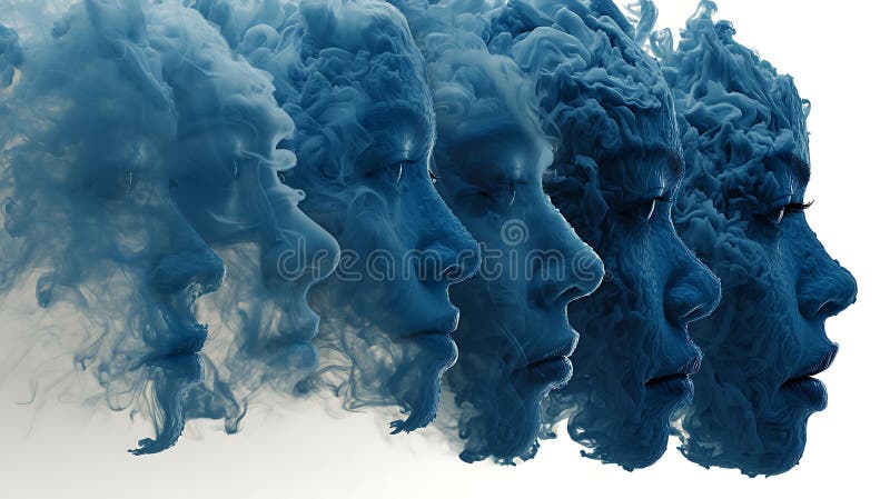 Surreal Blue Ink Faces Abstract Art Isolated on White Background ...