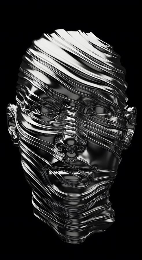 Abstract Chrome Human Head Sculpture with Flowing Liquid Metal Effect ...