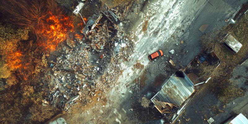 Aerial View of a Desolate Landscape Marked by Destruction and Fire ...