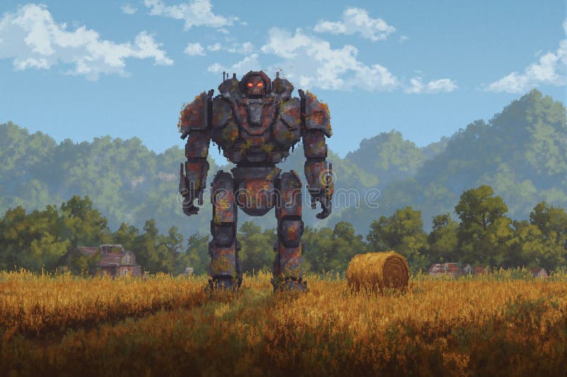 Dark Fantasy Construct: Pixel Giant in the Fields Stock Illustration ...