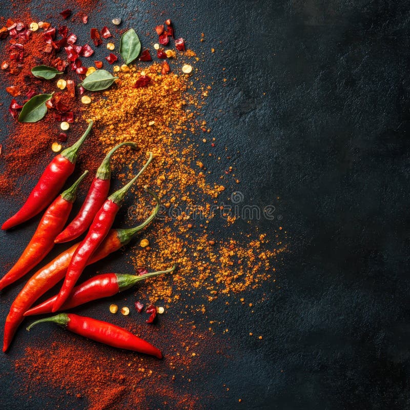 Vibrant Display of Raw and Powdered Chili Peppers on a Dark Backdrop ...