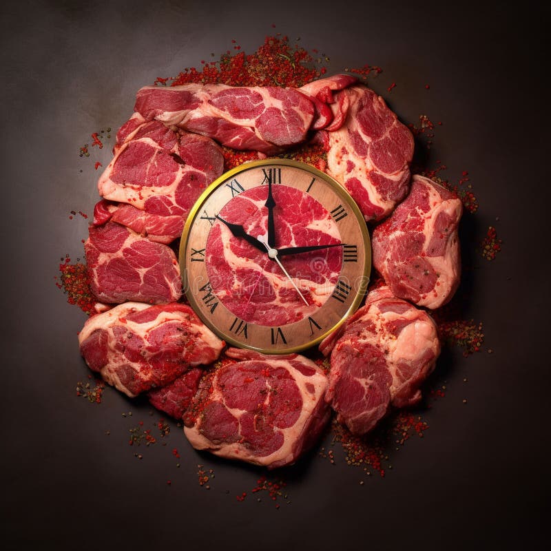A Striking Arrangement of Meat Cuts and a Clock, Symbolizing Time and ...
