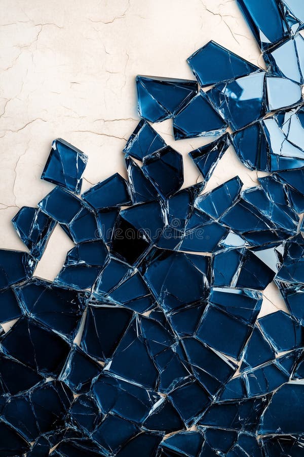 A Striking Arrangement of Shattered Blue Glass Pieces on a Light Marble ...
