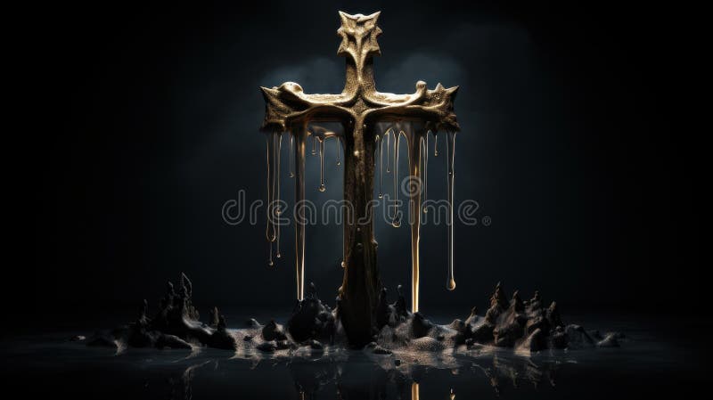 Striking Black Background with Gold Paint Dripping Over a Cross, a ...