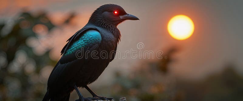 A Striking Black Bird with Glowing Red Eyes Near the Sun. Stock Image ...