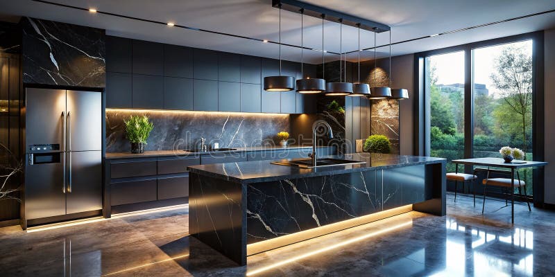 Striking Black Marble Kitchen Island Modern Design Dramatic Lighting ...