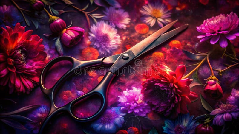 Striking Black Scissors and Abstract Floral Design in a Double Exposure ...