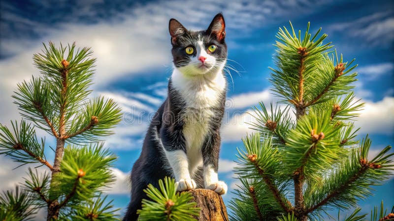 A Striking Black and White Cat, Gracefully Posed among the Pines ...