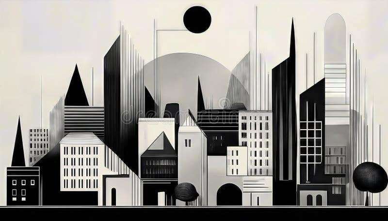 Striking Black and White Geometric Abstract Art of a Modern Townscape ...