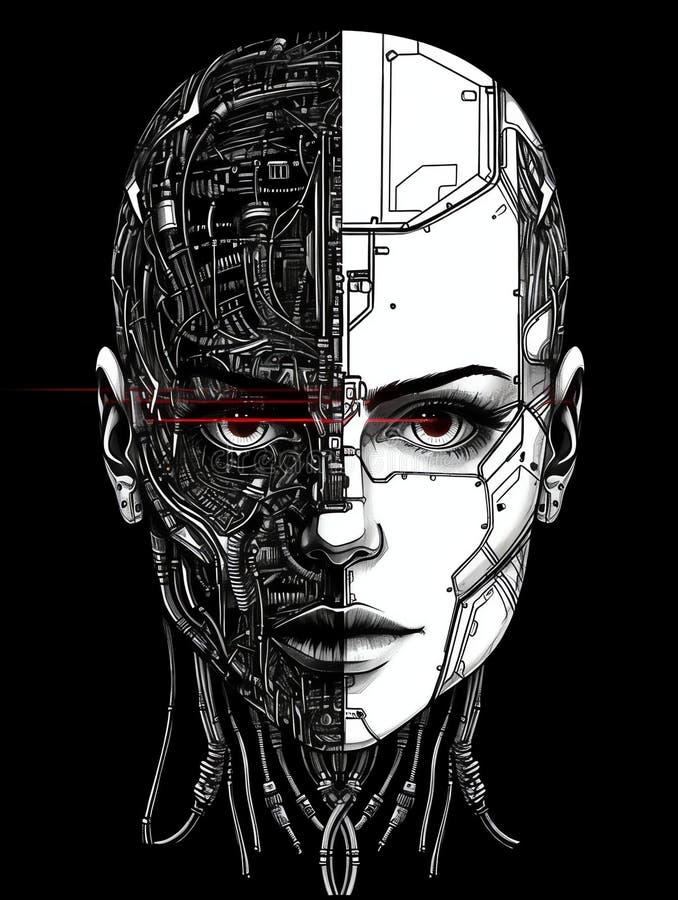 Striking Black White Illustration Humanoid Figure Cybernetic Face ...