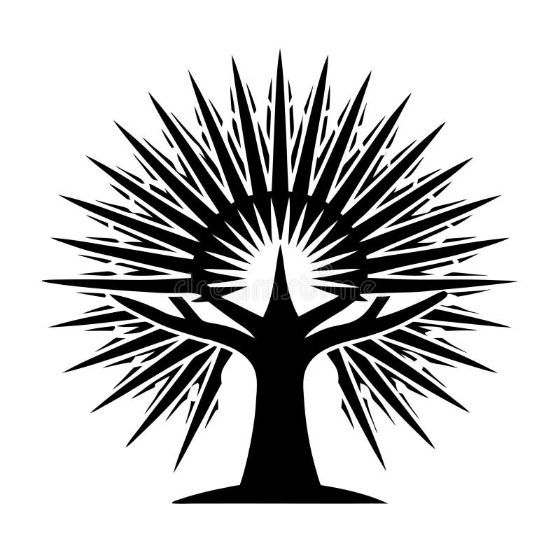 Abstract Tree Silhouette with Sharp Leaves in Black and White ...