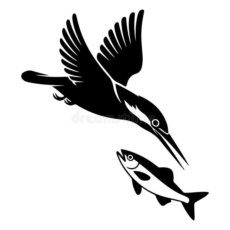 A Bird Diving Towards a Fish in a Black and White Vector Stock ...