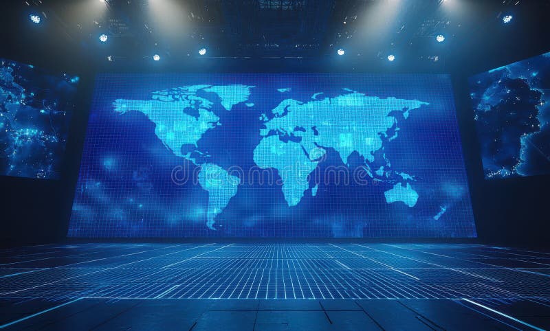 Blue Digital World Map Displayed on Futuristic Screen in Technology ...