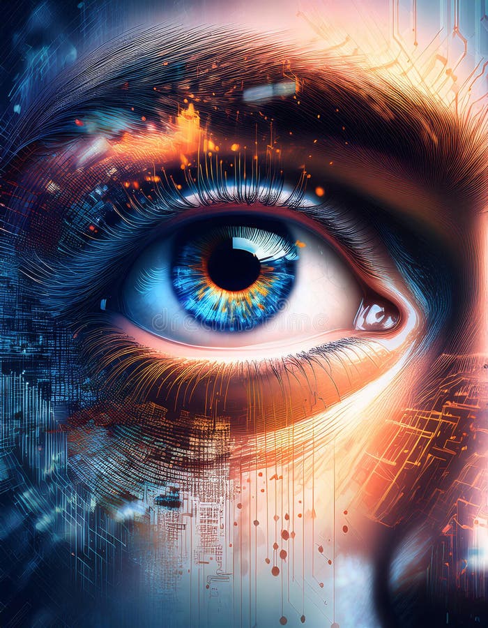 A Striking Blue Eye with Digital Code and Glowing Technological ...