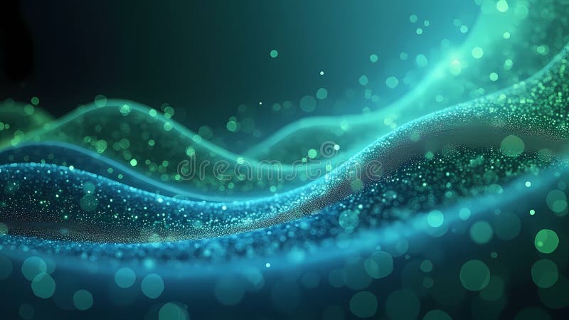 Striking Blue and Green Light Curves with Glowing Particles Stock Photo ...