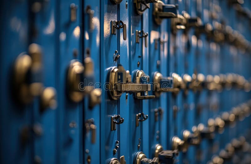Striking Blue Lockers with Shiny Gold Handles in a School Stock Image ...