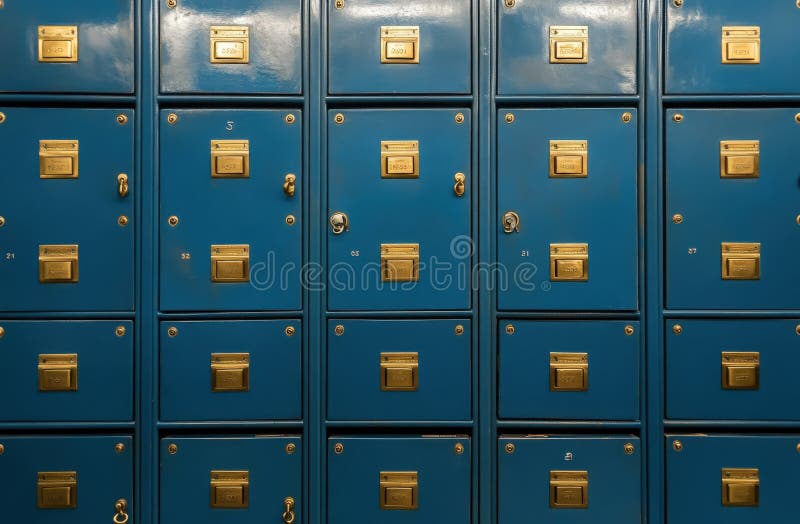 Striking Blue Lockers with Shiny Gold Handles in a School Stock Image ...