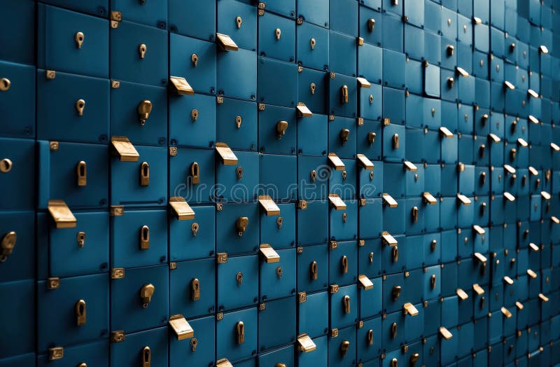Striking Blue Lockers with Shiny Gold Handles in a School Stock Image ...