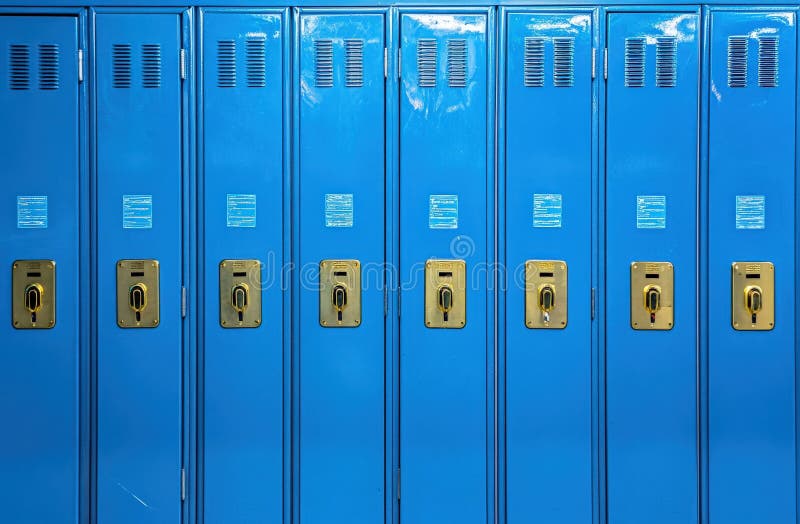 Striking Blue Lockers with Shiny Gold Handles in a School Stock Photo ...