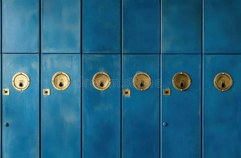 Striking Blue Lockers with Shiny Gold Handles in a School Stock Photo ...