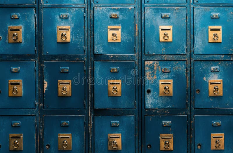 Striking Blue Lockers with Shiny Gold Handles in a School Stock Photo ...