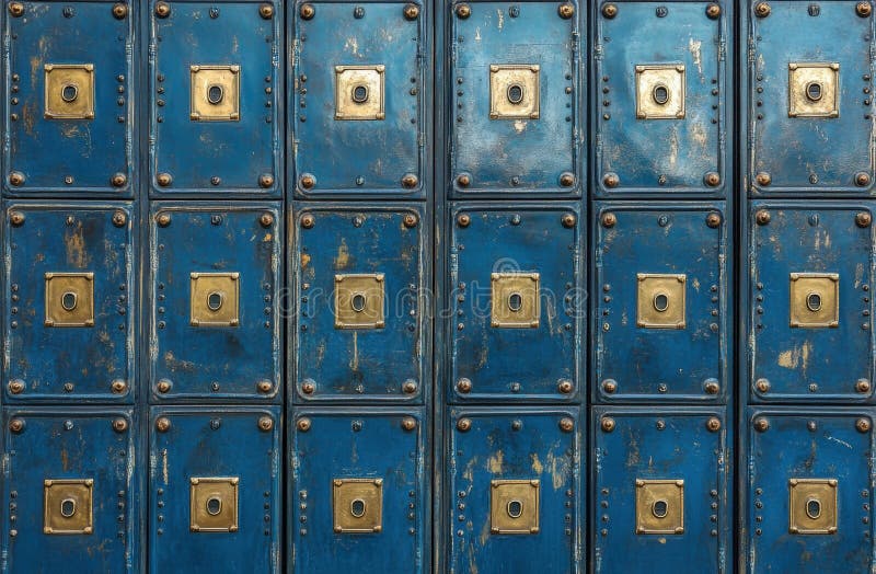 Striking Blue Lockers with Shiny Gold Handles in a School Stock Image ...