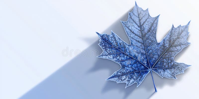 Frosted Blue Maple Leaf Casting a Long Shadow on Smooth White Surface ...