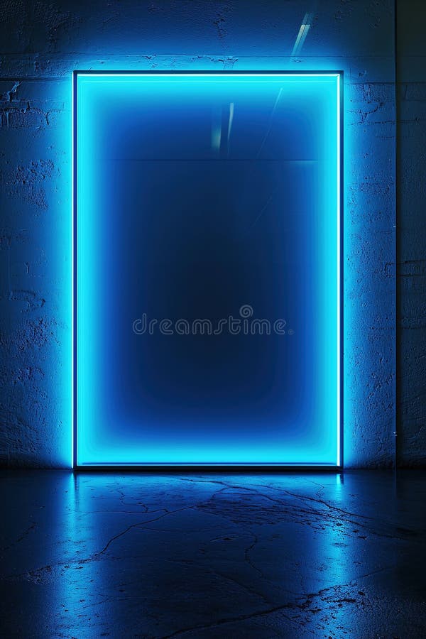 Striking Blue Neon Light Rectangular Frame on a Grunge Wall, with Ample ...