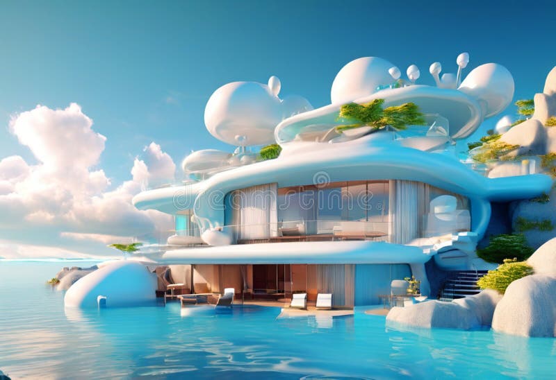 A Striking Blue Wave-shaped Building Stands by the Sea Stock ...