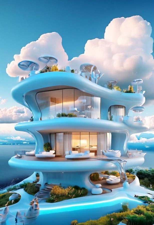 A Striking Blue Wave-shaped Building Stands by the Sea Stock ...