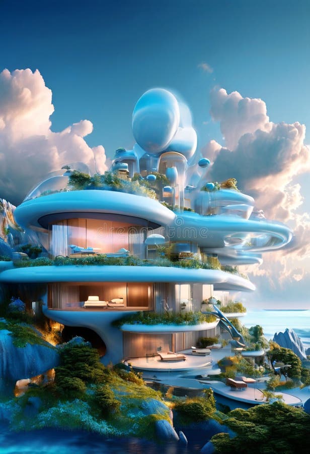 A Striking Blue Wave-shaped Building Stands by the Sea Stock ...