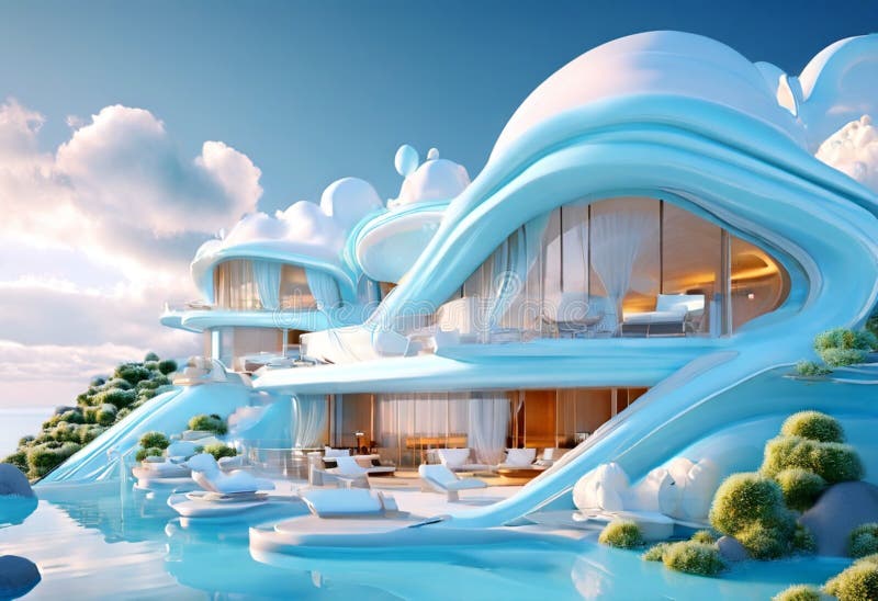 A Striking Blue Wave-shaped Building Stands by the Sea Stock ...