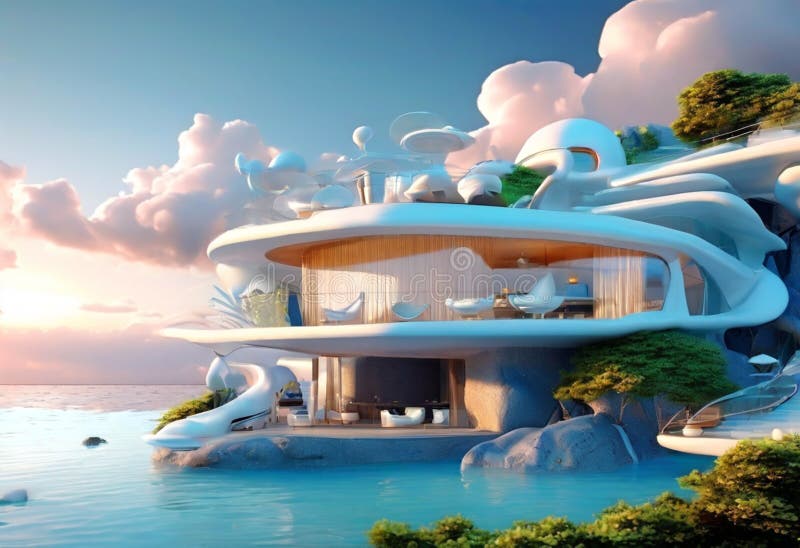 A Striking Blue Wave-shaped Building Stands by the Sea Stock ...