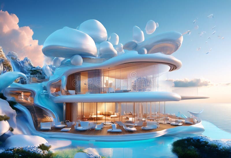 A Striking Blue Wave-shaped Building Stands by the Sea Stock ...