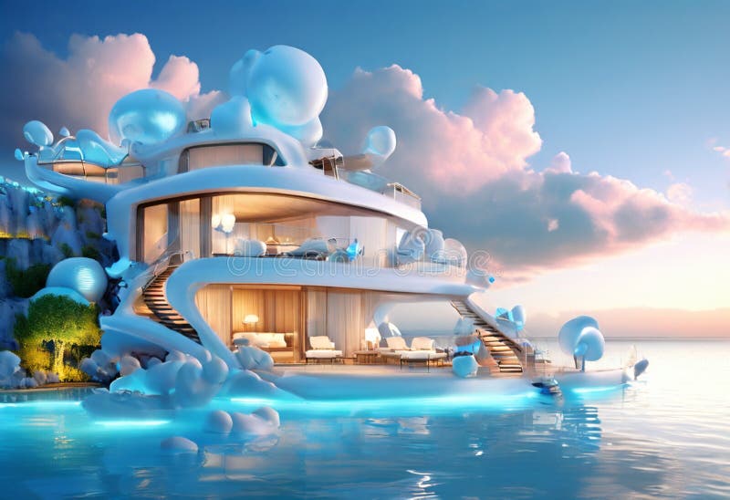 A Striking Blue Wave-shaped Building Stands by the Sea Stock ...