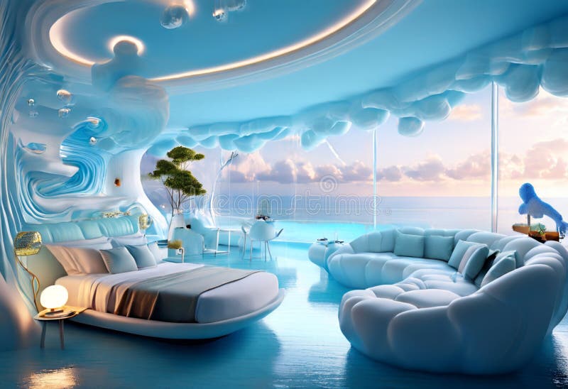 A Striking Blue Wave-shaped Building Stands by the Sea Stock ...