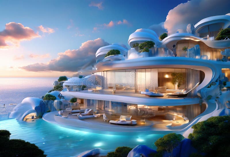 A Striking Blue Wave-shaped Building Stands by the Sea Stock ...