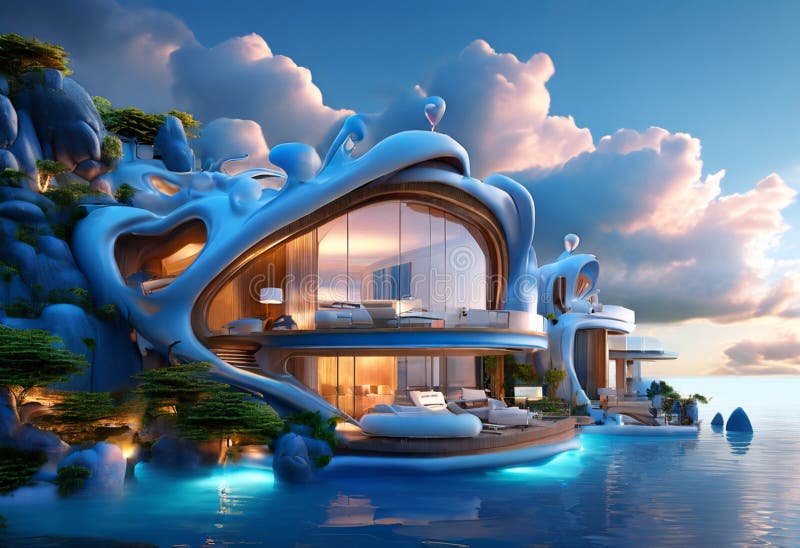 A Striking Blue Wave-shaped Building Stands by the Sea Stock ...