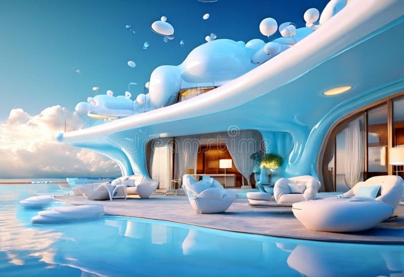 A Striking Blue Wave-shaped Building Stands by the Sea Stock ...