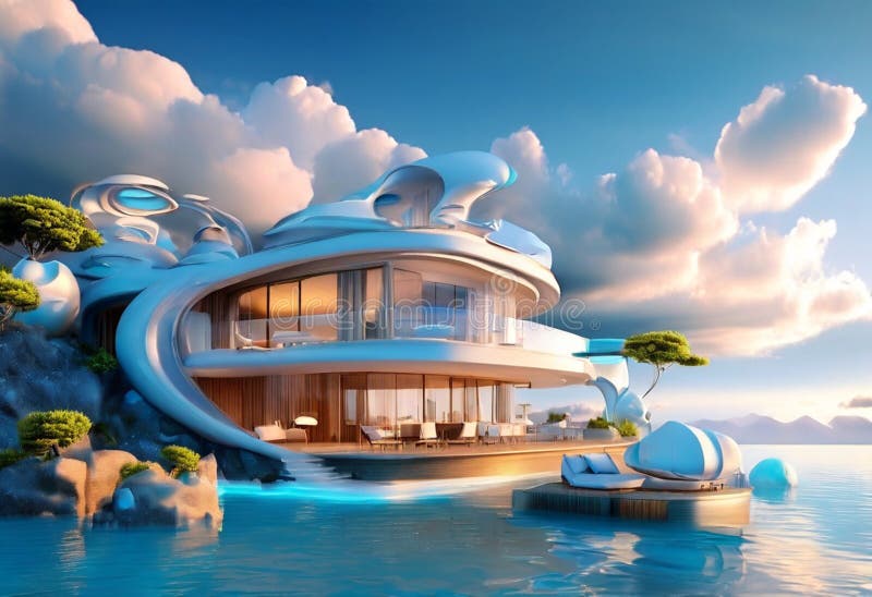 A Striking Blue Wave-shaped Building Stands by the Sea Stock ...