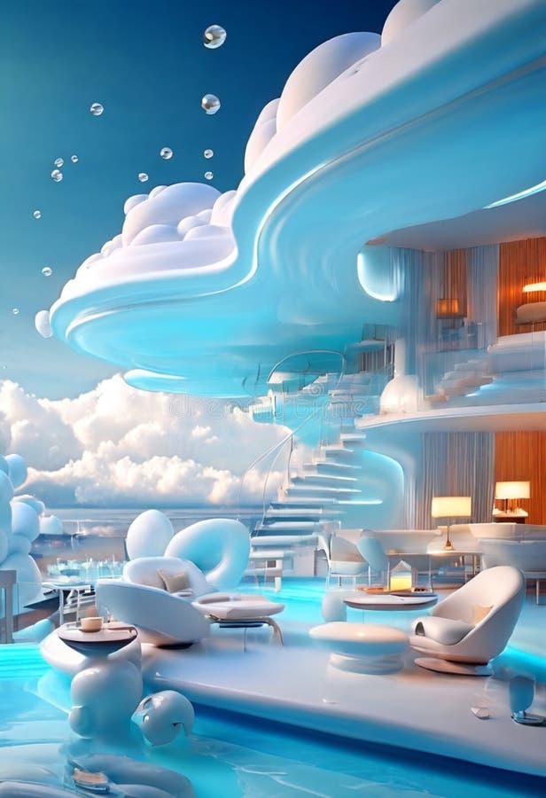 A Striking Blue Wave-shaped Building Stands by the Sea Stock ...