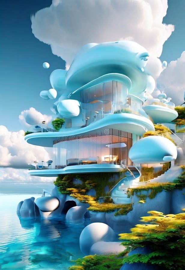 A Striking Blue Wave-shaped Building Stands by the Sea Stock ...