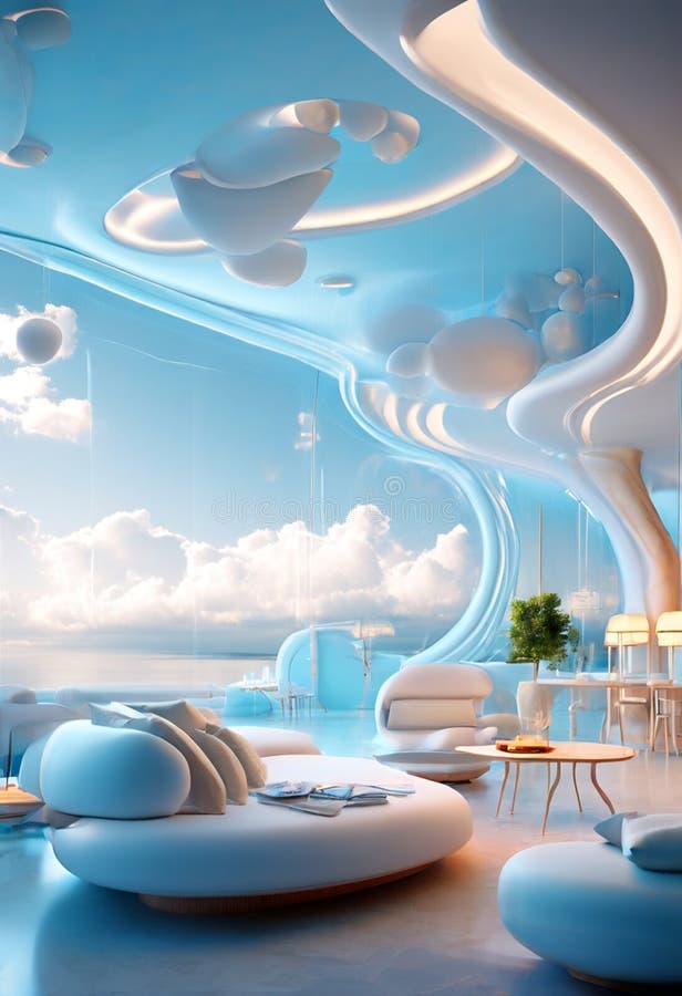 A Striking Blue Wave-shaped Building Stands by the Sea Stock ...