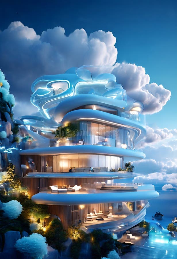 A Striking Blue Wave-shaped Building Stands by the Sea Stock ...