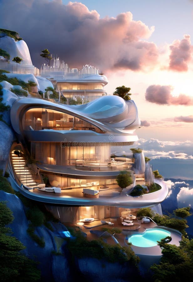 A Striking Blue Wave-shaped Building Stands by the Sea Stock ...