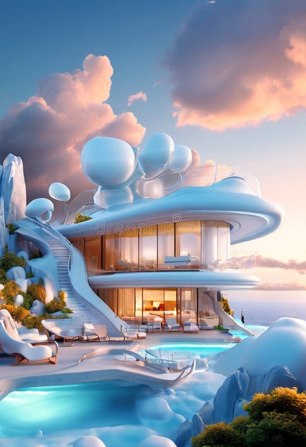 A Striking Blue Wave-shaped Building Stands by the Sea Stock ...