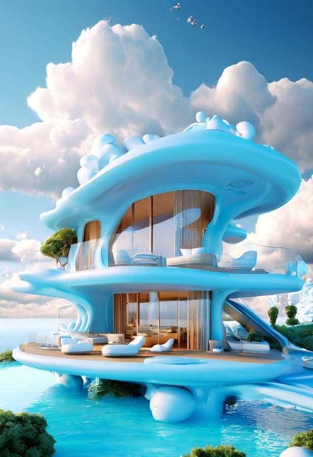 A Striking Blue Wave-shaped Building Stands by the Sea Stock ...