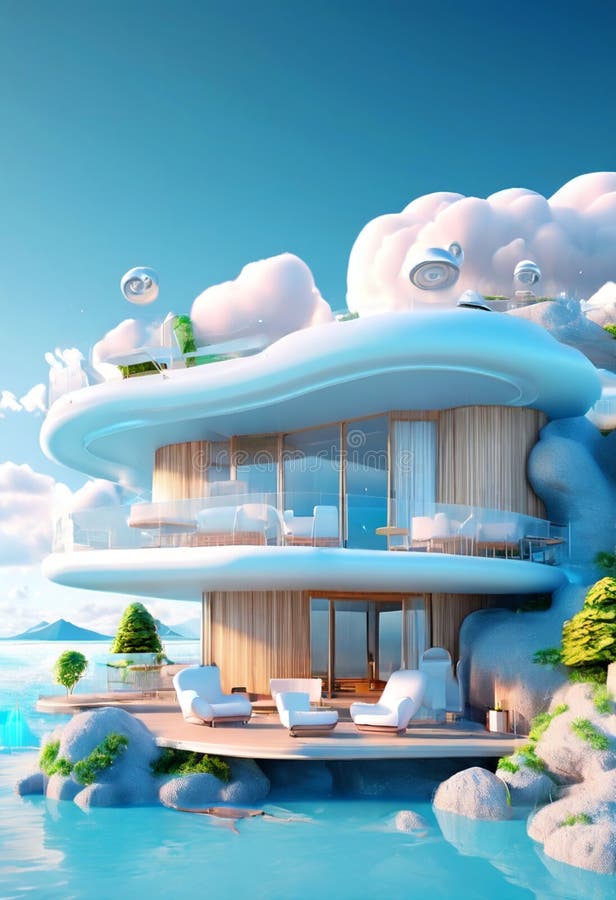 A Striking Blue Wave-shaped Building Stands by the Sea Stock ...